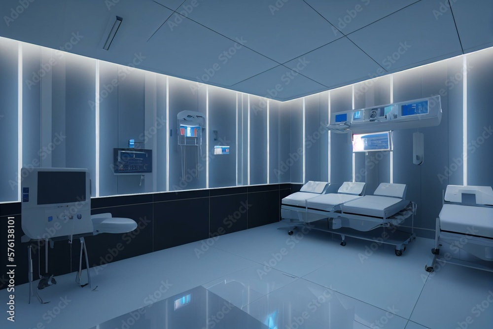 Sci fi futuristic interior of a medical bay with treatment bed and ...