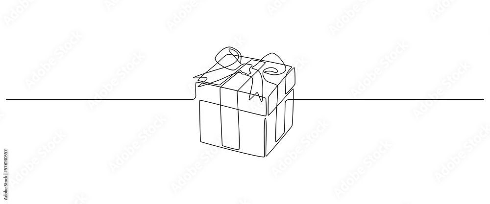 One Continuous line drawing of Christmas Present box with ribbon and ...