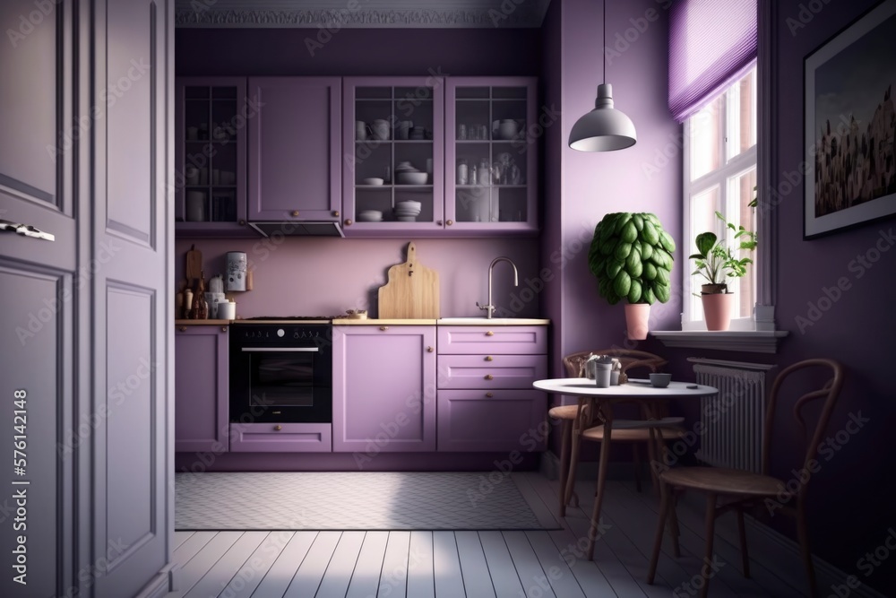 modern kitchen interior design in a house, purple colored decoration ...