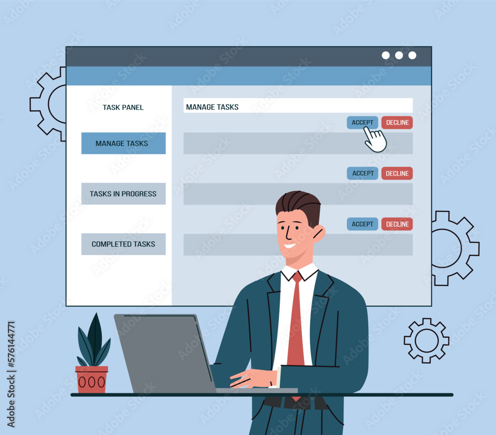 Accept tasks concept. Man with laptop makes schedule and sets goals ...