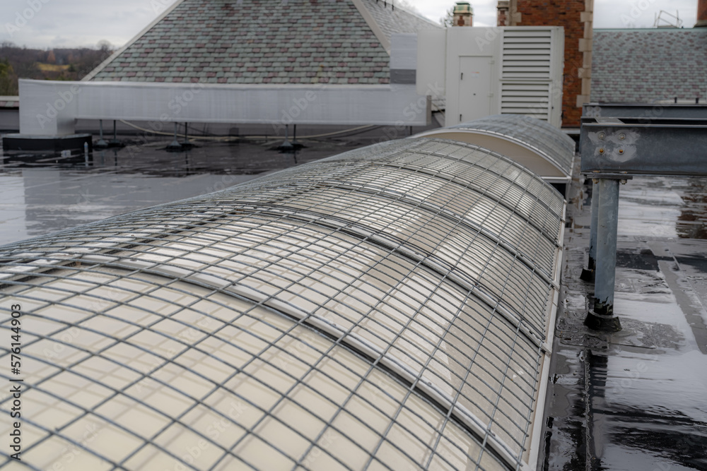 Barrel vault skylight screen fall protection guard installed on a ...