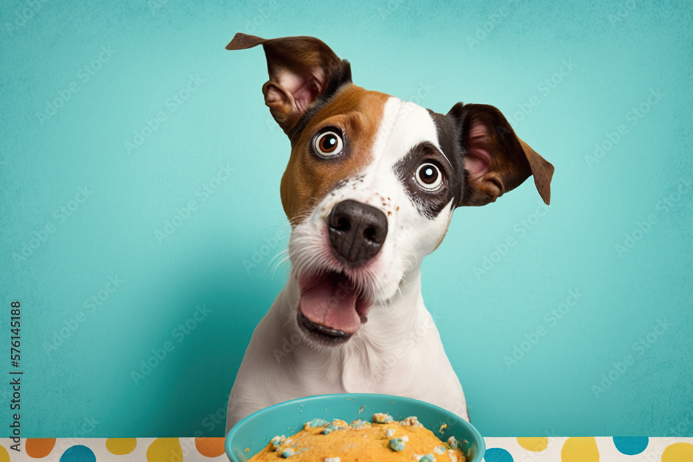 Cute dog as a food critic on colored background, concept of Humor and ...