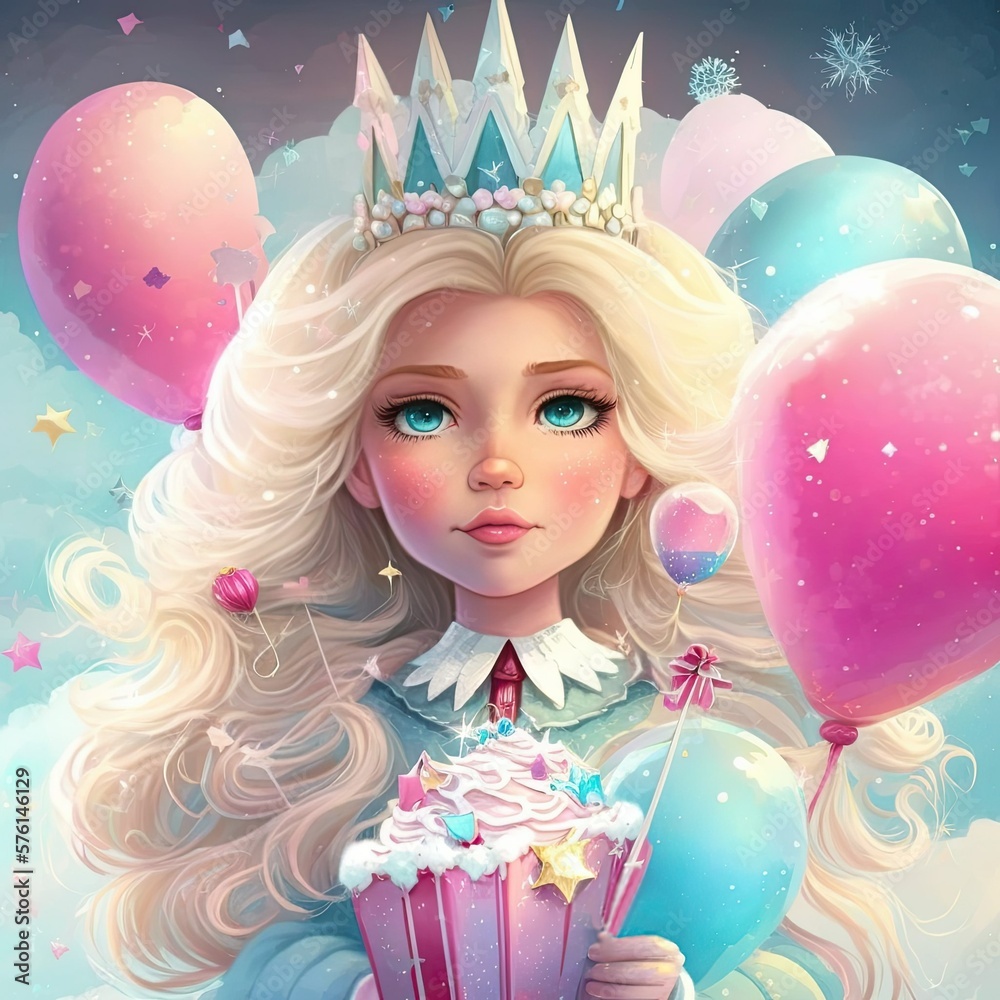 Drawing of cute blond princess with crown holding balloons and a ...
