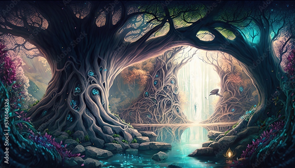 A beautiful enchanted magic forest with big fairytale trees with big ...