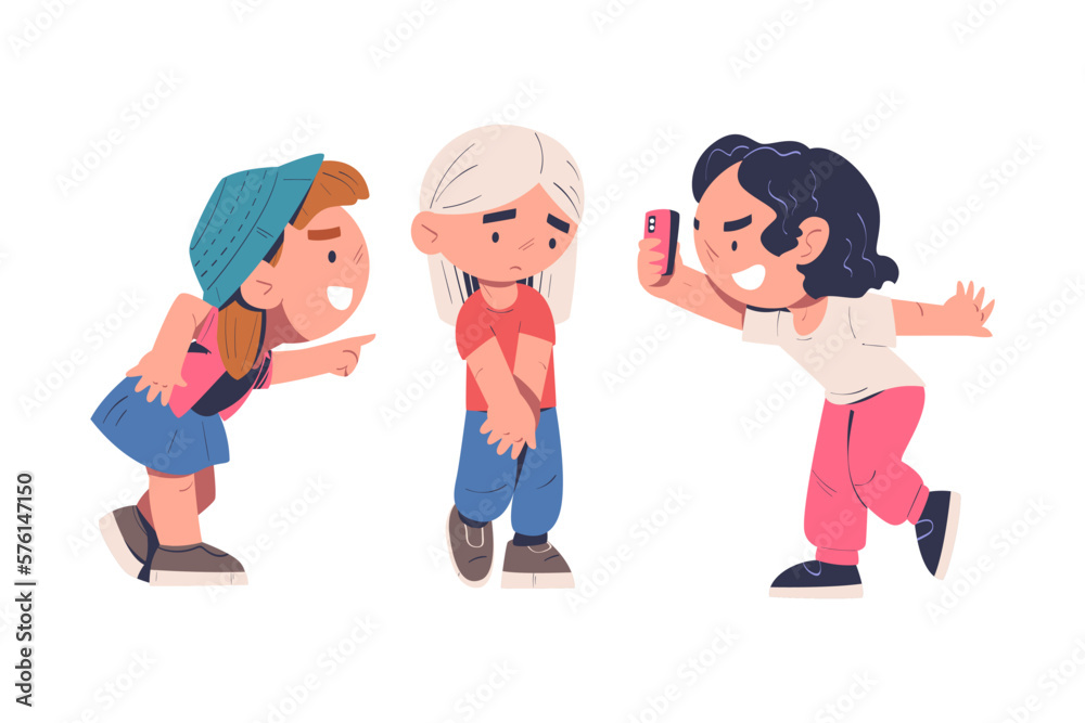 Sad little girl being bullied by her schoolmates. Children laughing and ...
