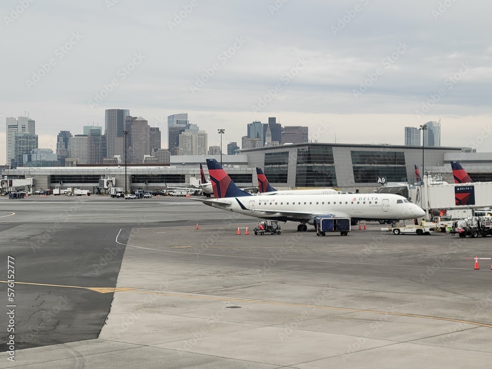 Delta Air Lines Embraer regional jets parked at Terminal A gates at ...