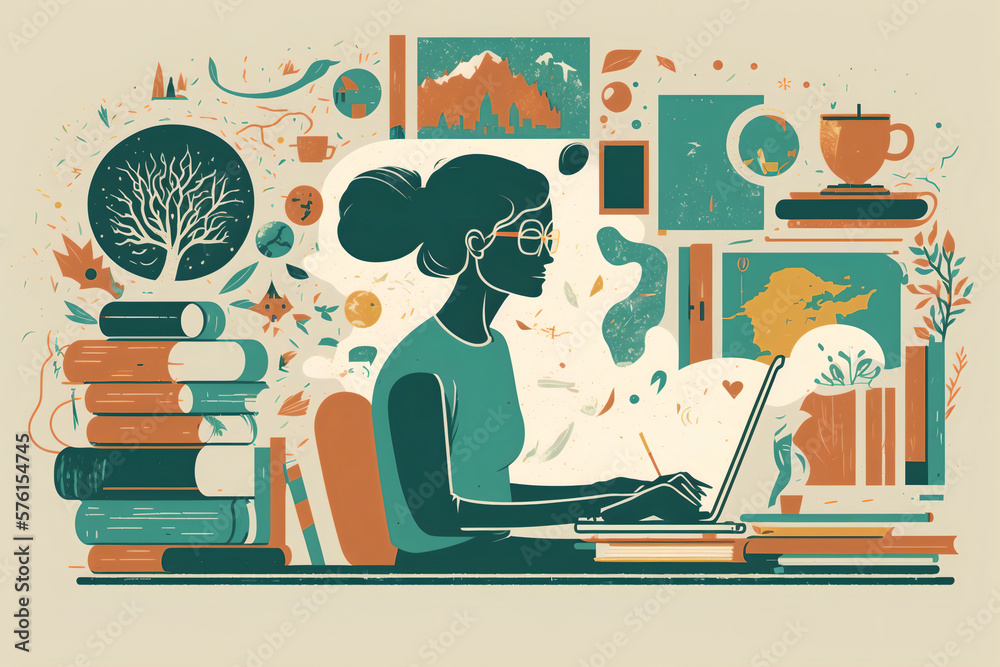 A joyful and curious person sits in front of a computer amidst books ...