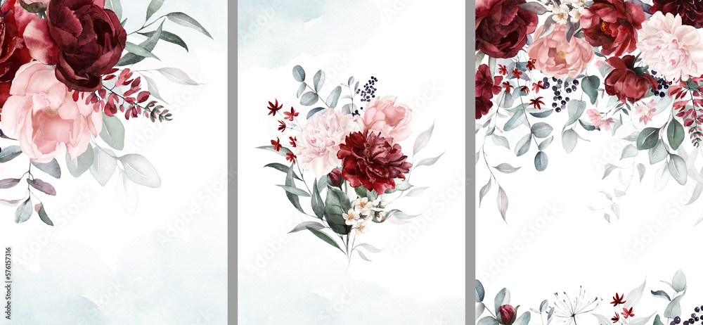 Watercolor floral border bouquet set, green leaves burgundy maroon ...