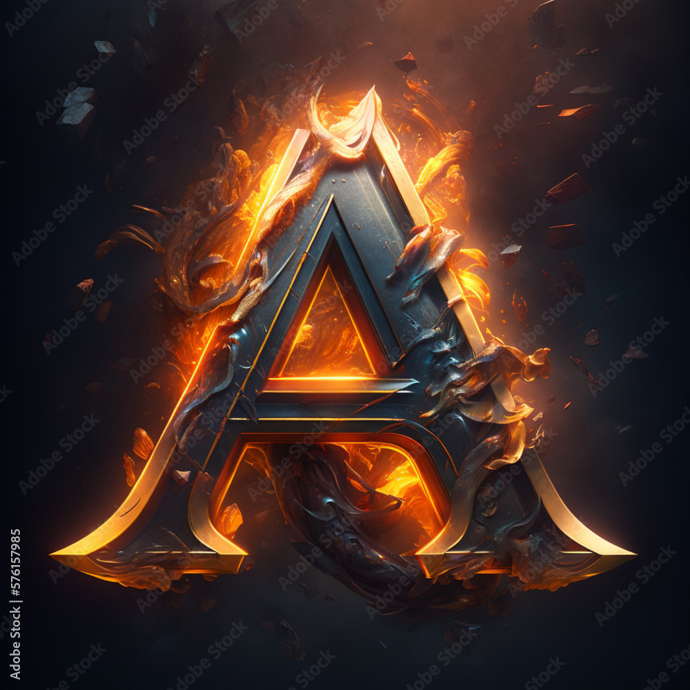 4k Epic Illustration of Burning and exploding letter A logo on black ...