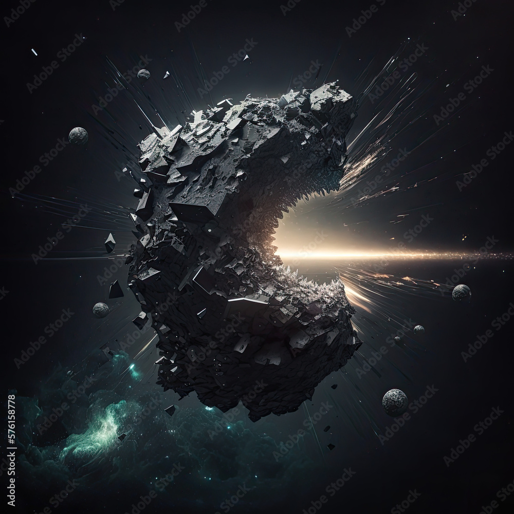Floating asteroid in the deep space with intense light behind ...