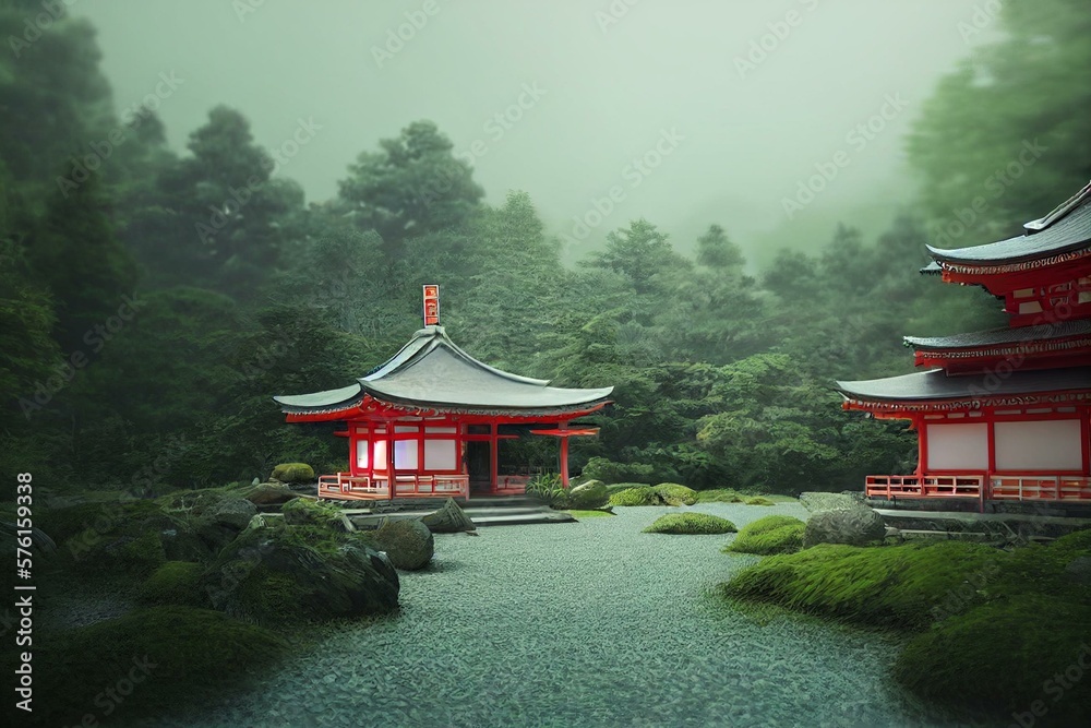 Fantasy japanese shrine with windows view torii outside. 3d render ...