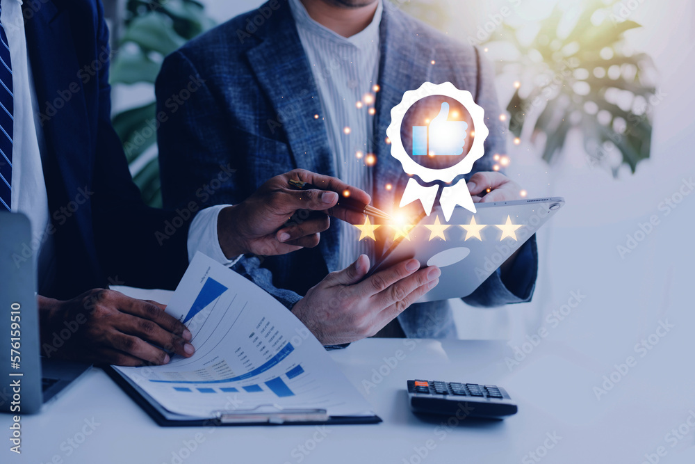 Hand shows the sign of the top service Quality assurance, Guarantee ...