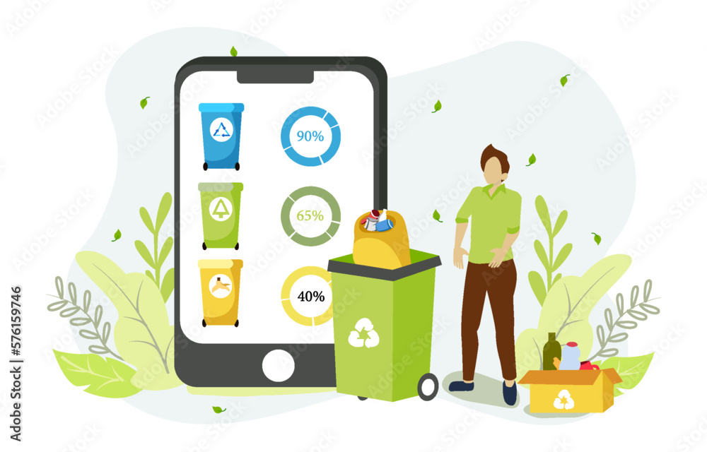 Characters reducing food waste, recycling plastic bottles. Reduce ...