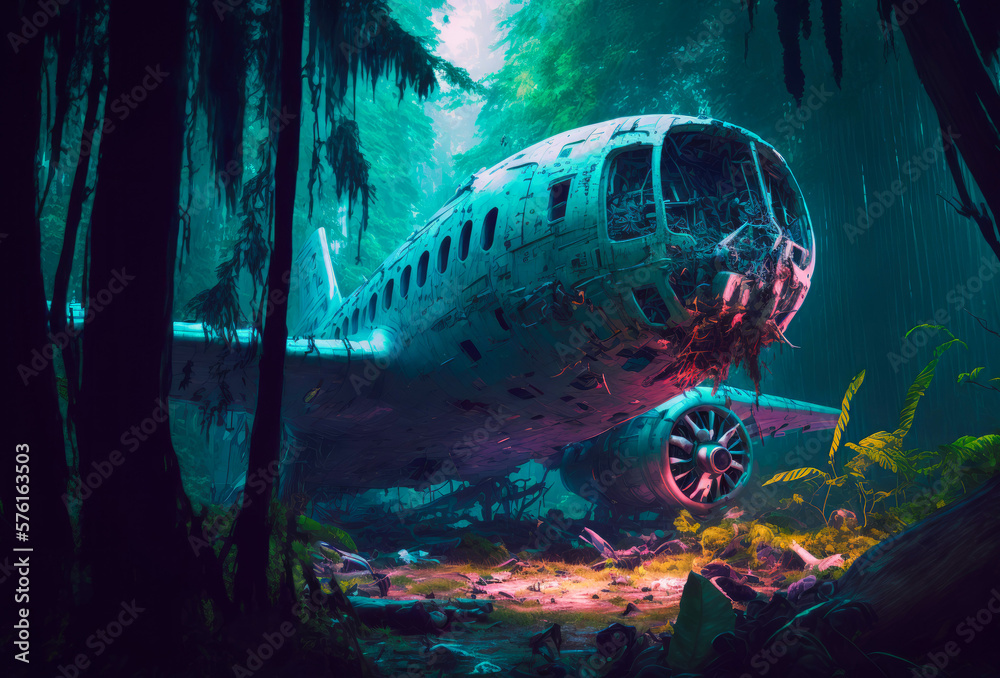 plane crash that is sitting in the middle of a forest, concept art with ...