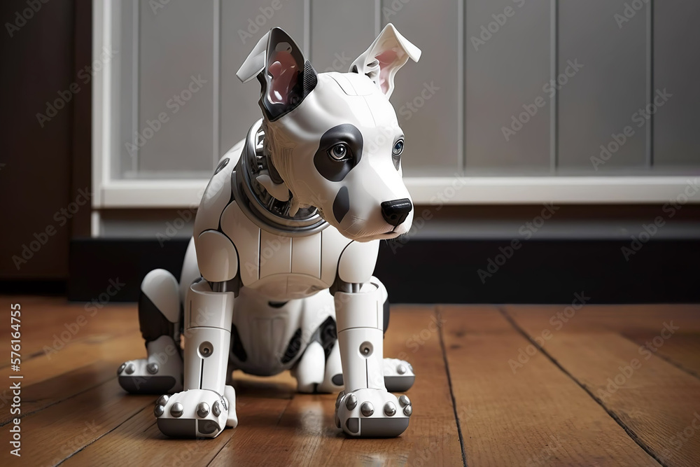 Cute white robot dog sitting on the floor, future technology concept ...