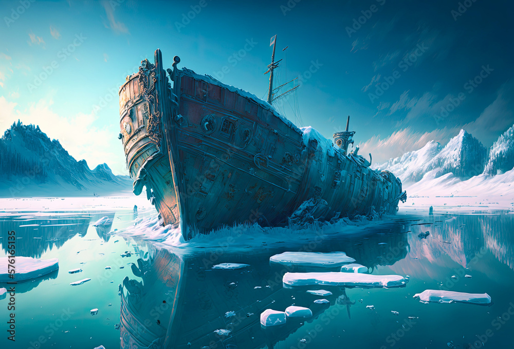 painting of an old ship in the ice, concept art with vivid color ...