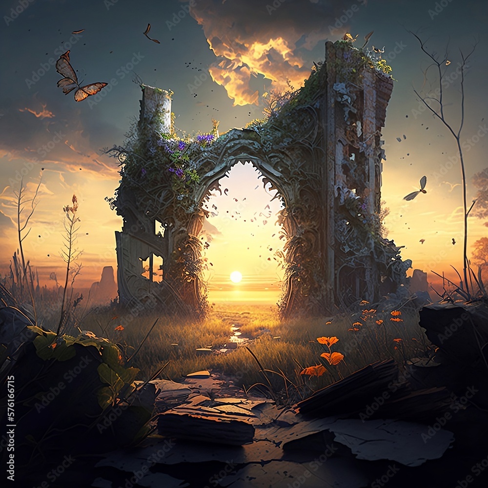 Changing of the Guard (sun sets under a crumbling arch of an ancient ...