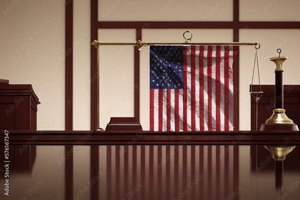 Mallet of judge in American courtroom. American flag in courtroom with ...