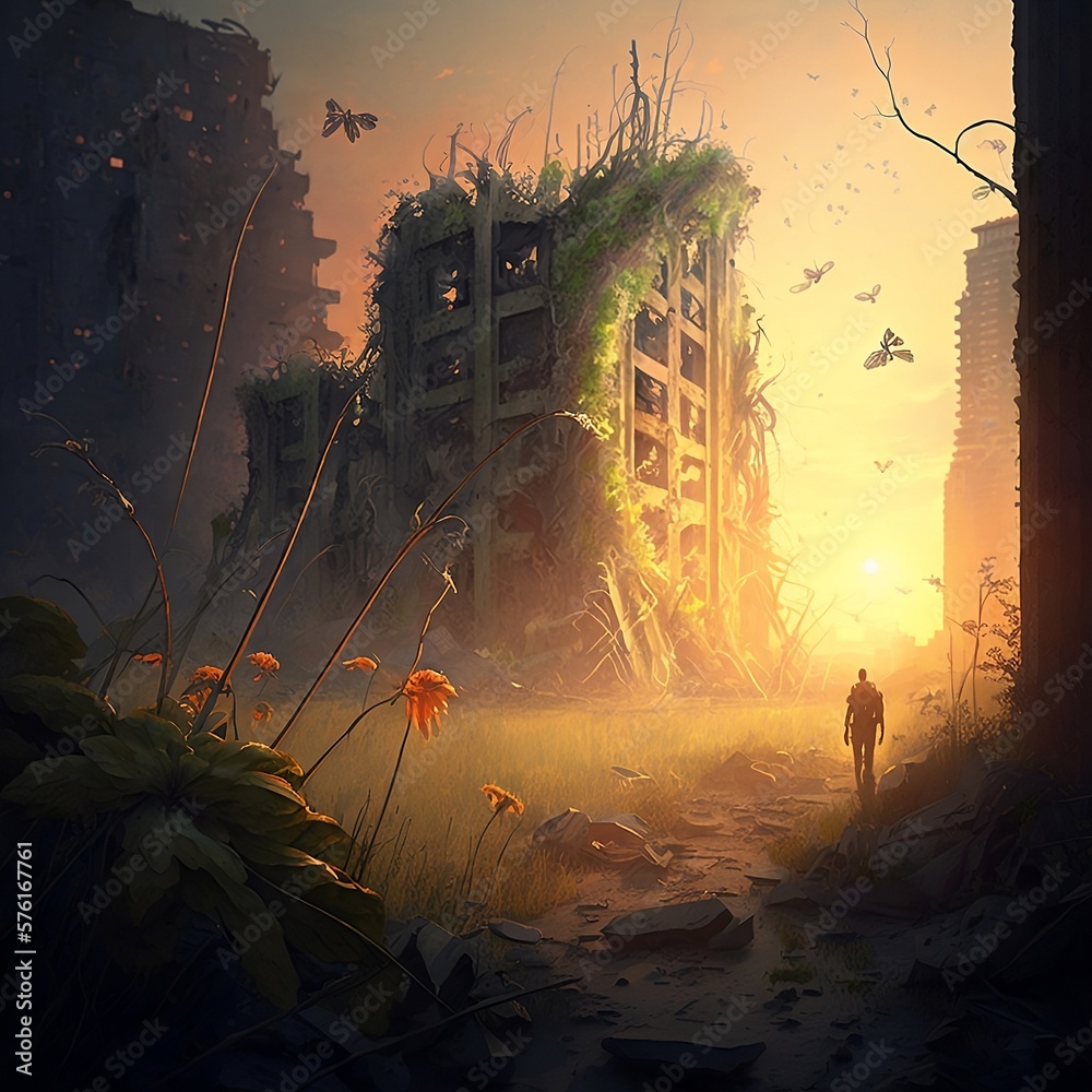 "What happened here?" (sunset, path opens up to a ruined city ...