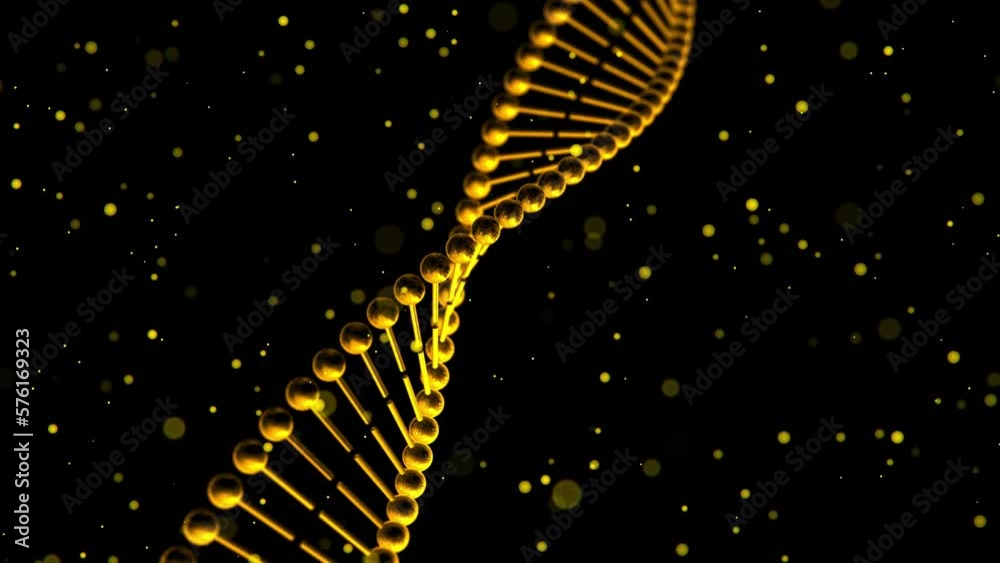 3D zoom in animation of rotating golden-colored DNA helix strands with ...