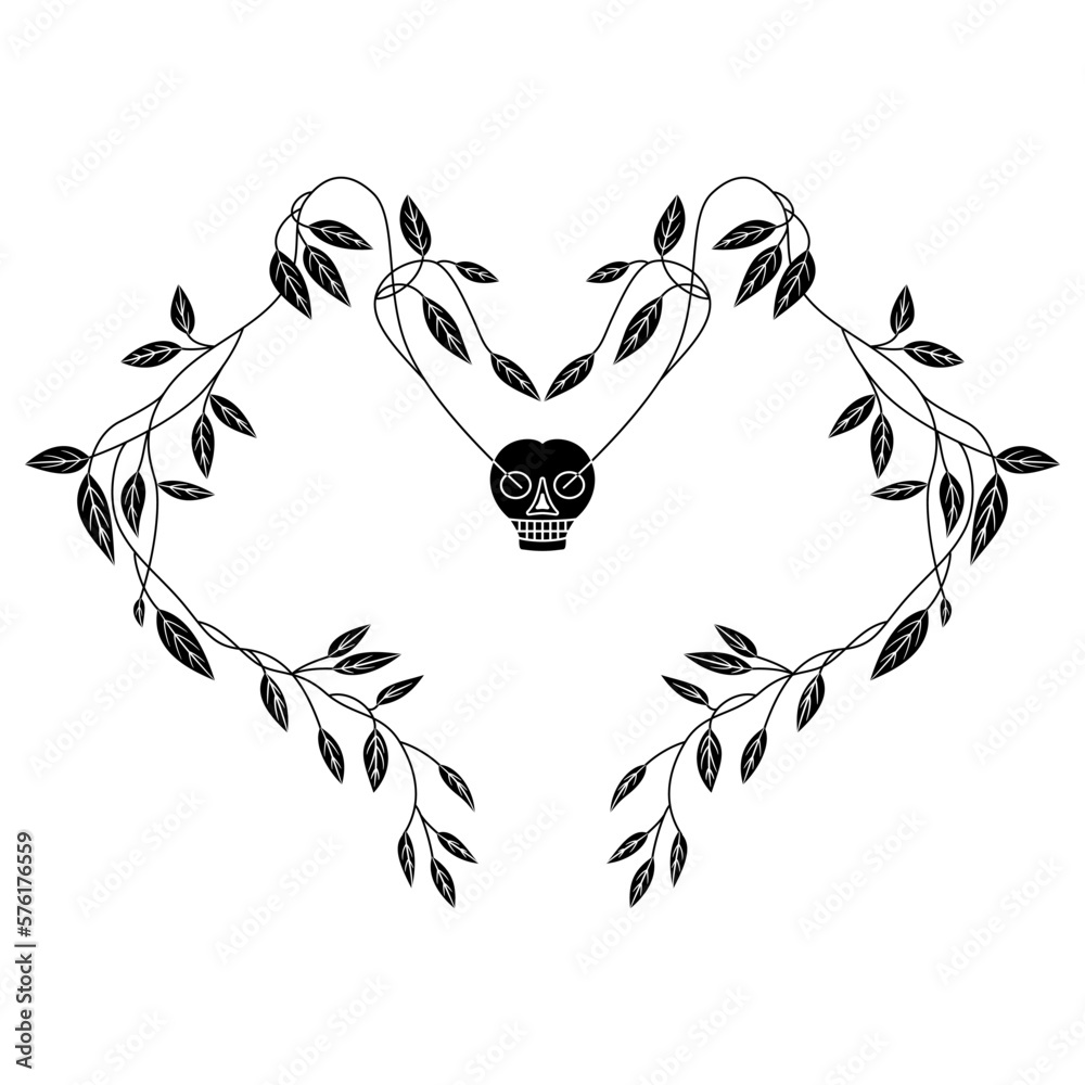Symmetrical heart shape design with human skull and vine branches ...