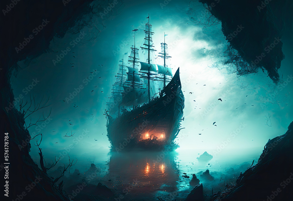 painting of a ship in a cave, concept art with vivid color ...