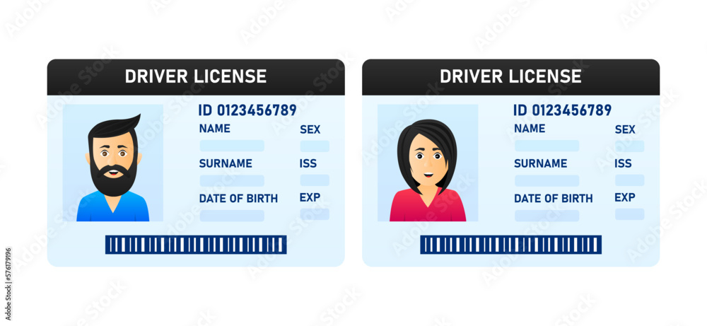 Drivers license of a woman and a man. Flat design template for vehicle ...