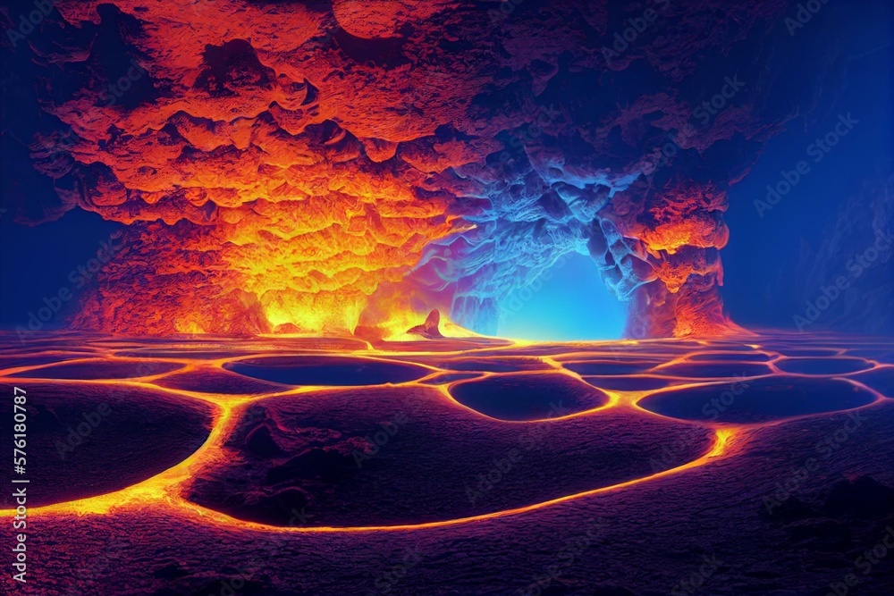 Beautiful raster graphic of a tunnel heated by magma and a volcanic ...