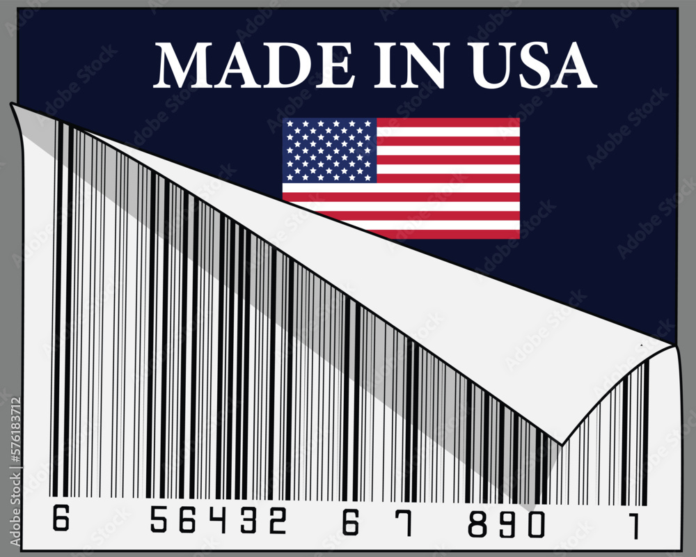 Made in USA text and their country flag sign with half scrolled barcode ...