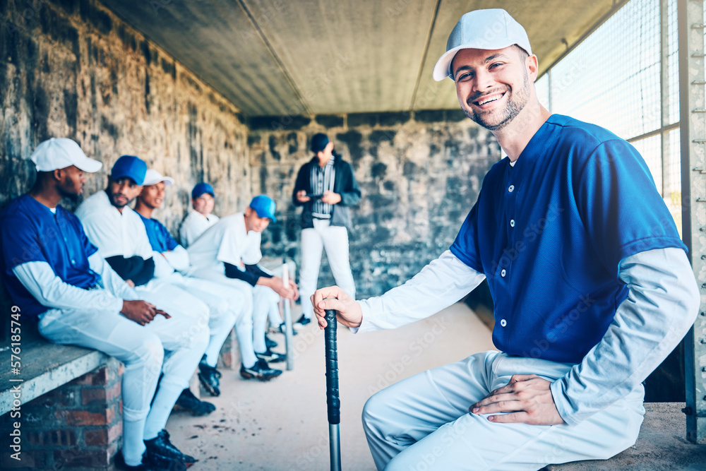Baseball player, portrait and sports stadium dugout with softball team ...