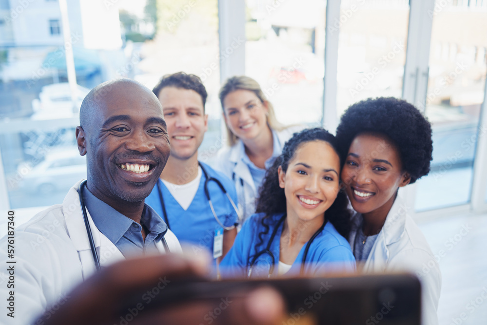 Healthcare, team and selfie by doctors at hospital, happy and proud ...