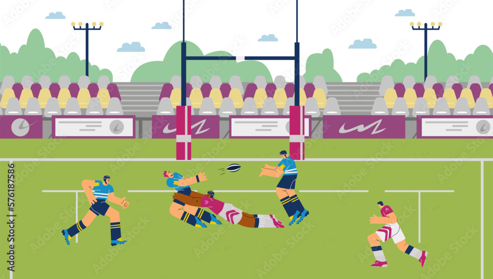 Stadium field with rugby league teams match, flat cartoon vector ...