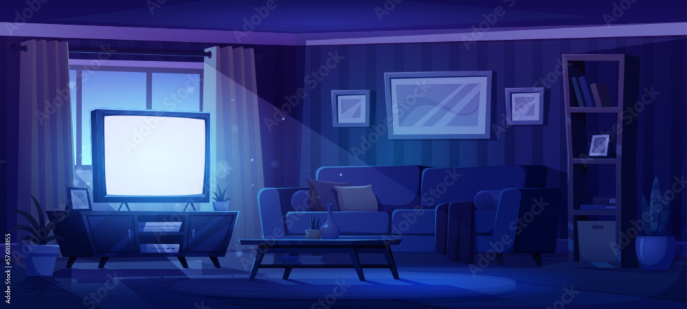 Dark living room interior with tv at night. Empty home or apartment ...