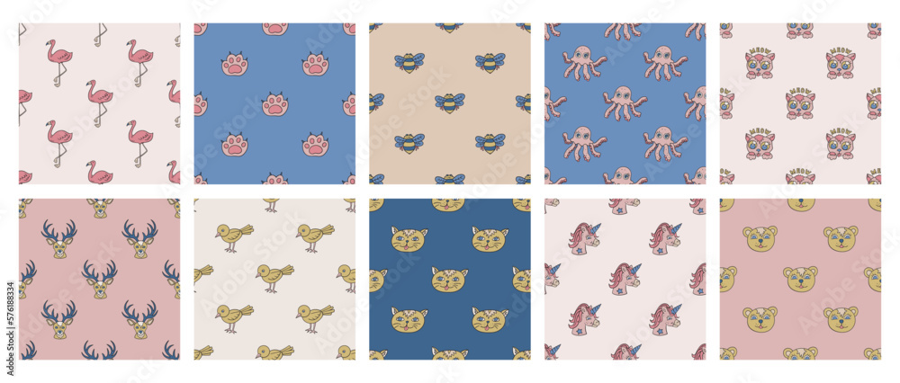 Set of animal patterns. Collection of repeat zoo backgrounds for ...