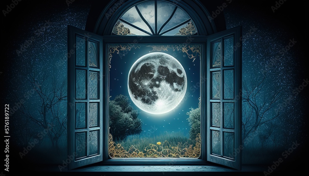 Enchanting scene of moonlight casting magic glow on window Stock ...