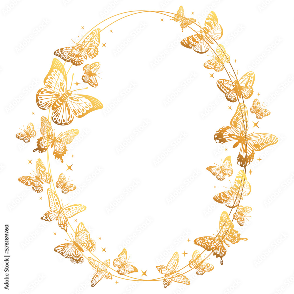 Golden butterflies frame border. Gold butterfly wreath, shiny butterfly ...