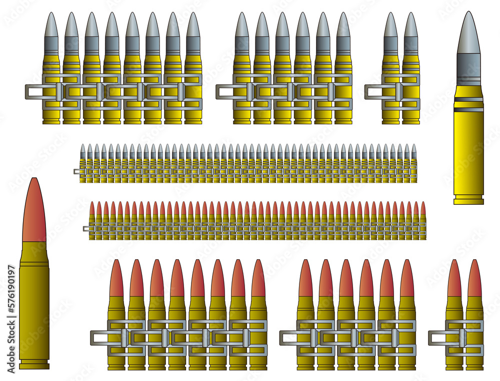 2 types of machine gun bullets and ammunition belt with different ...