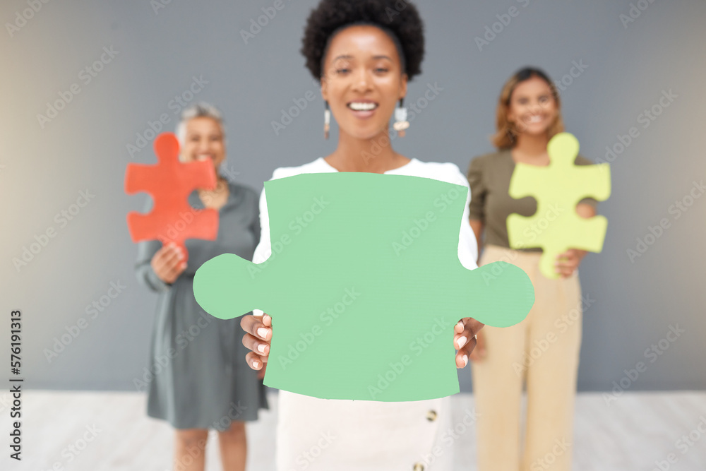 Portrait, staff and black woman with puzzle, team building and planning ...
