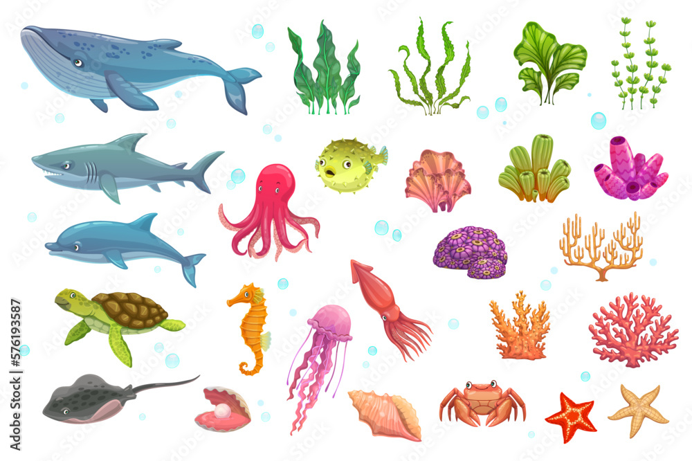 Cartoon underwater animals, seaweeds, fish, corals Stock Vector | Adobe ...