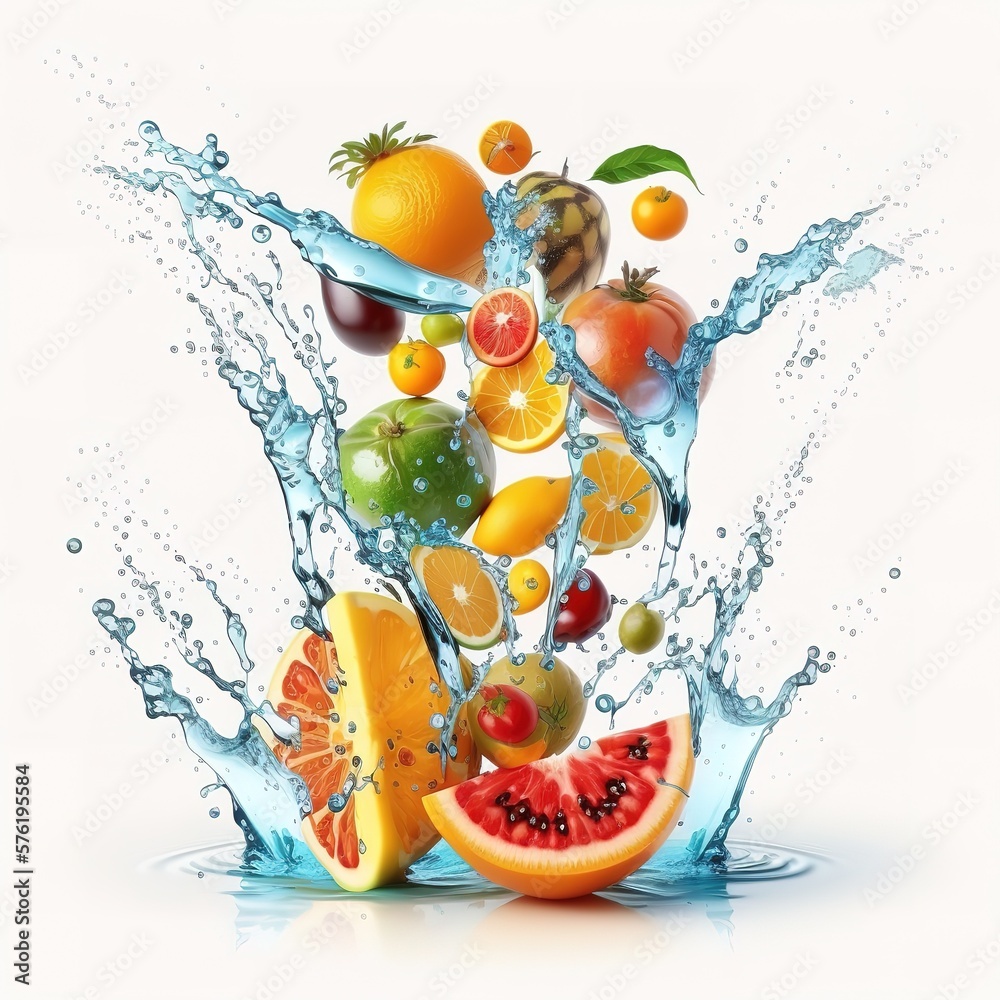 Fresh multi fruits and vegetables splashing into blue clear water ...
