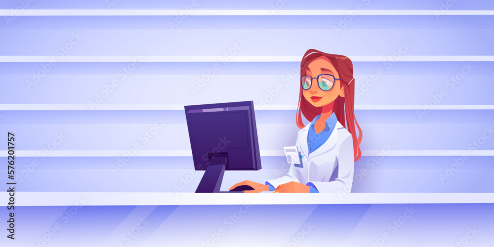 Female nurse hospital receptionist sitting at table background vector ...