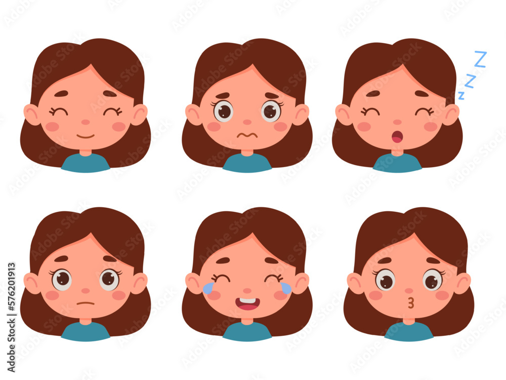Cute cartoon little kid girl in various expressions and gesture ...