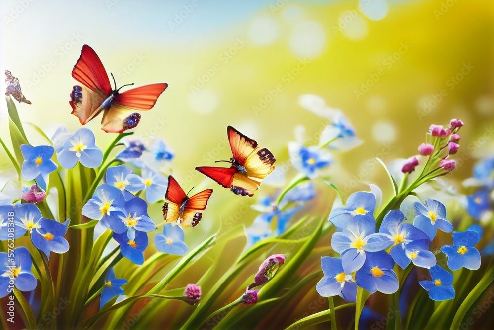 Beautiful butterfly flying around flower Stock Illustration | Adobe Stock