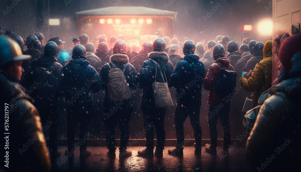 group of people standing in front of a crowd of people, riot and police ...