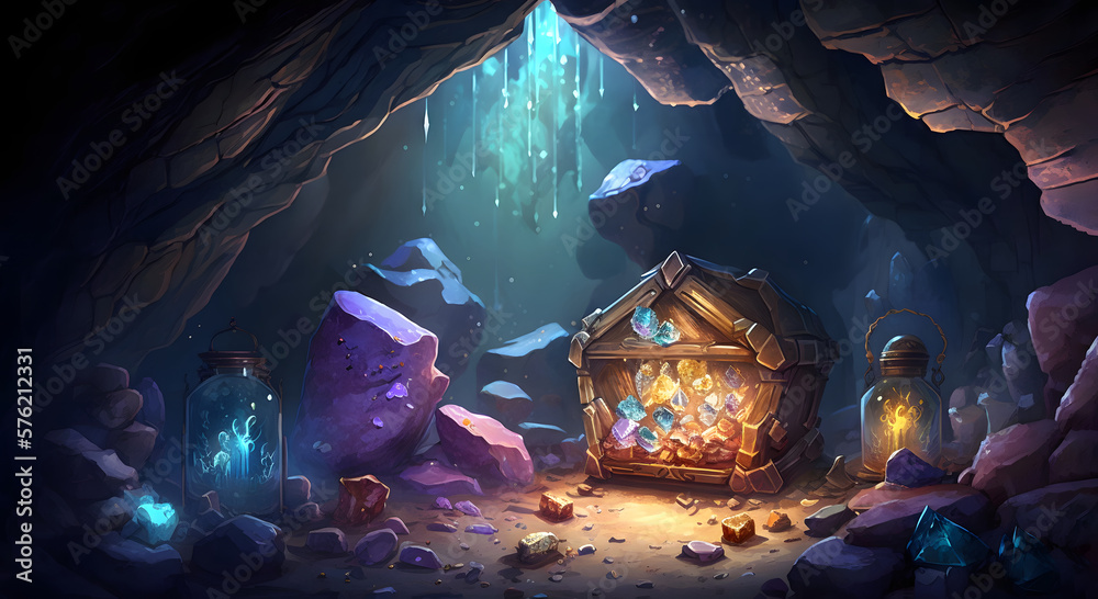 the grand cave treasure inside, treasure chest is opening with golden ...