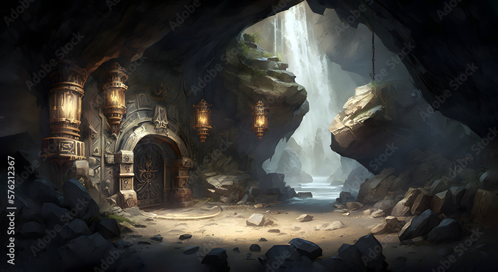 Grand cave treasure inside, treasure chest is opening with golden ...