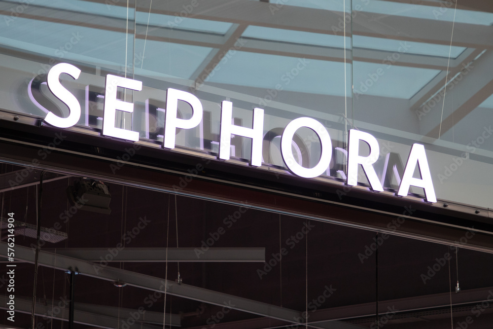 Sephora sign brand and text logo shop French facade chain of cosmetics ...
