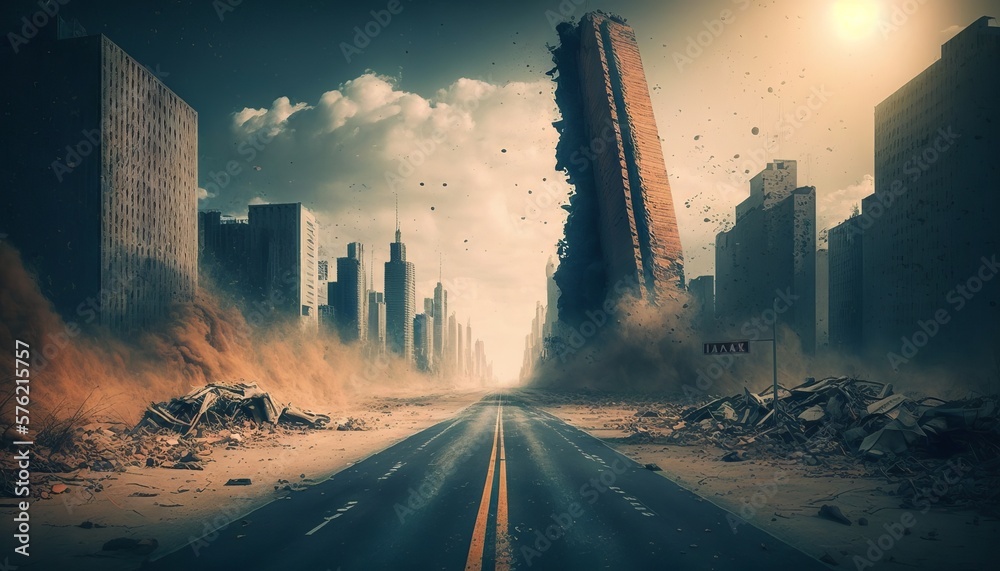 Conceptual image of a destroyed city street with a cracked asphalt road ...