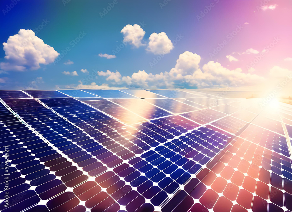 Solar panel on blue sky background with sun, alternative energy concept ...
