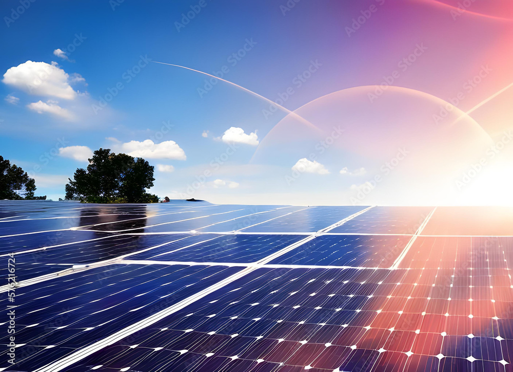 Solar panel on blue sky background with sun, alternative energy concept ...
